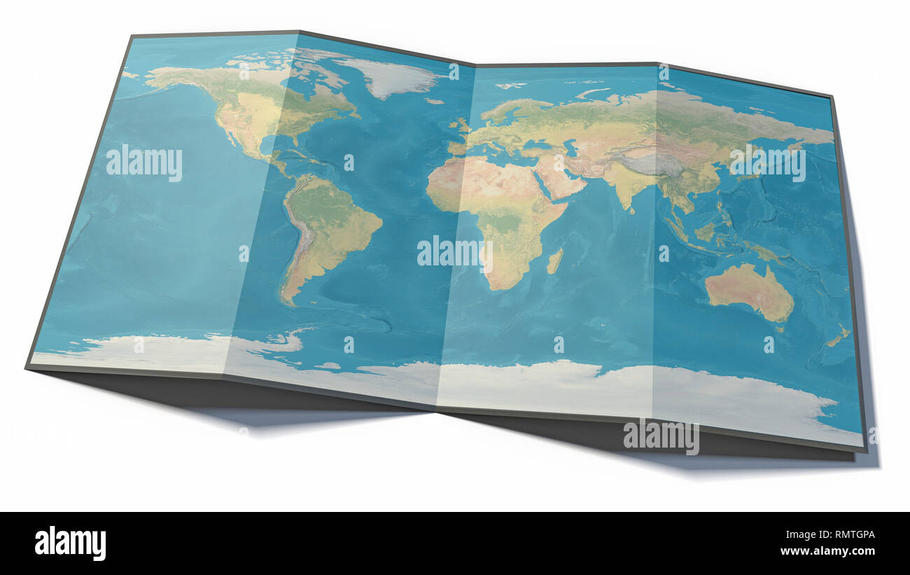 World map drawn on a folded sheet, planisphere leaning on a surface, 3d ...