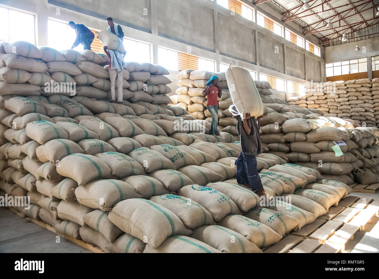 Addis Ababa, Ethiopia - January 30 2014: Men stacking large bags of ...