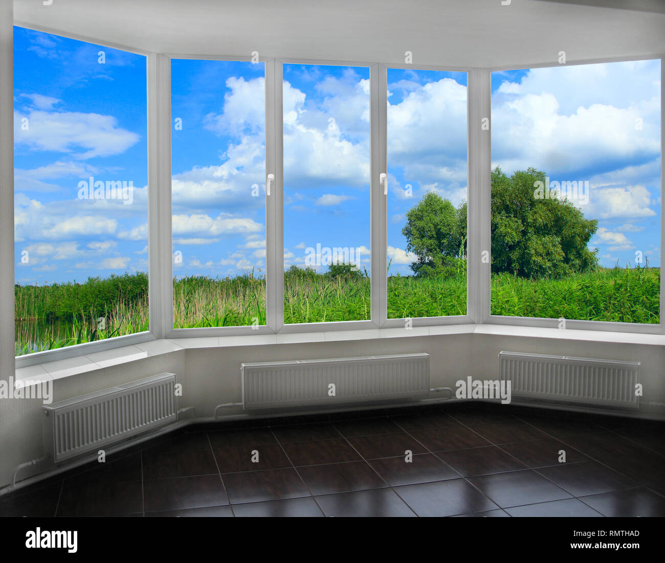 Opened window to summer landscape. Rural view. Panorama from opened ...