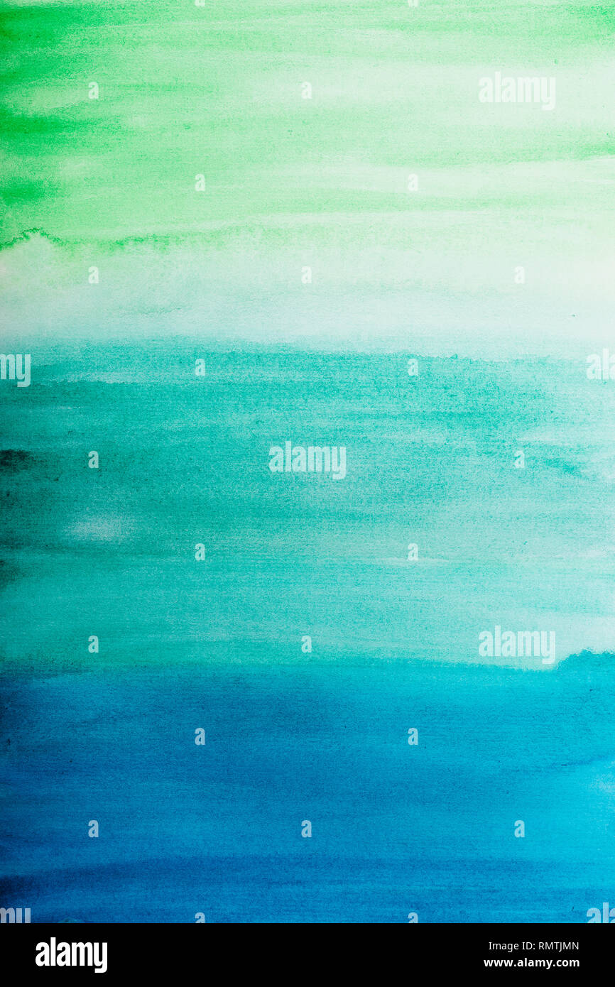 Watercolor gradient background from green to blue color. Hand-drawn ...