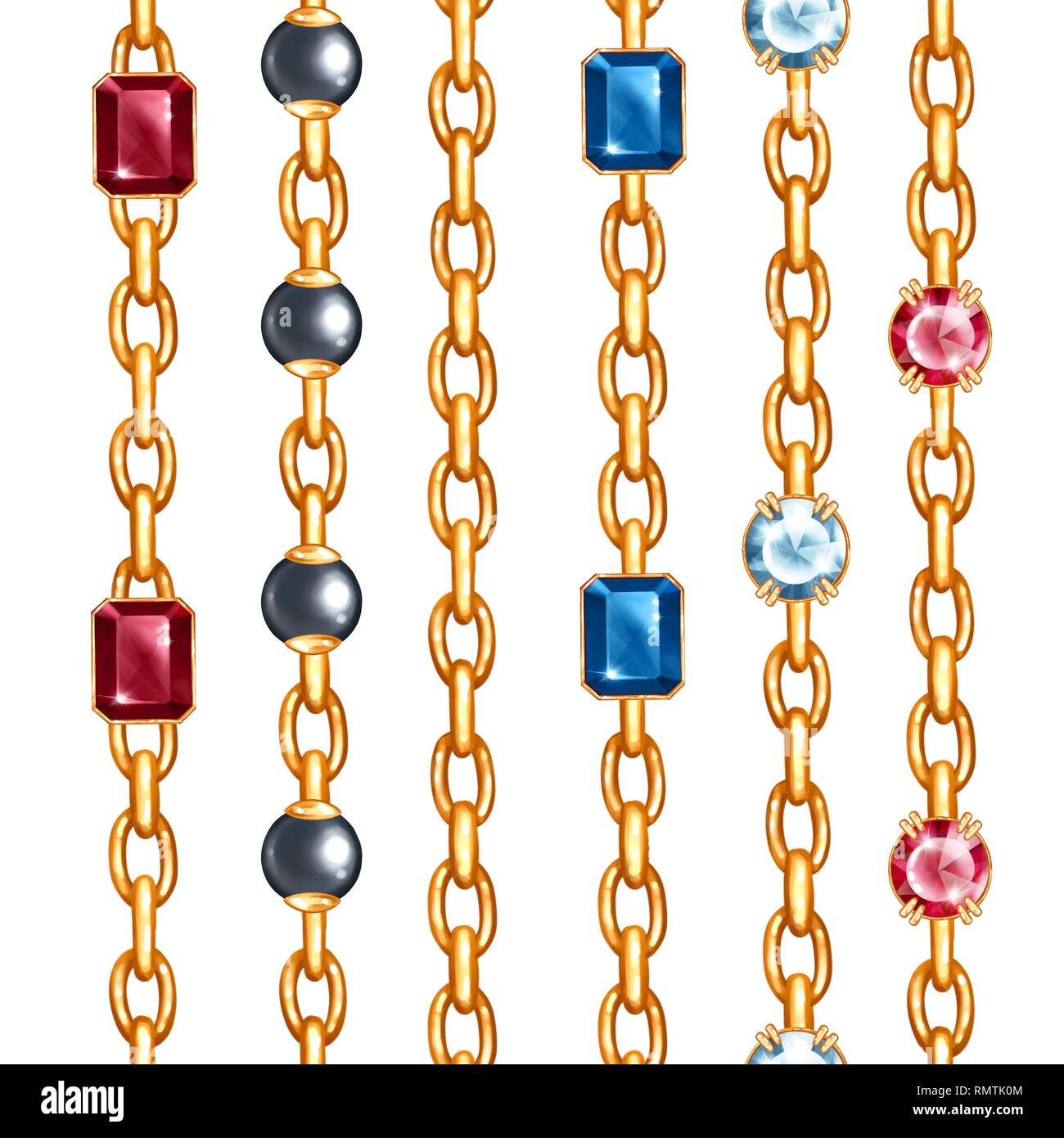 Gemstones and chains seamless patterns. Borders set Stock Photo - Alamy