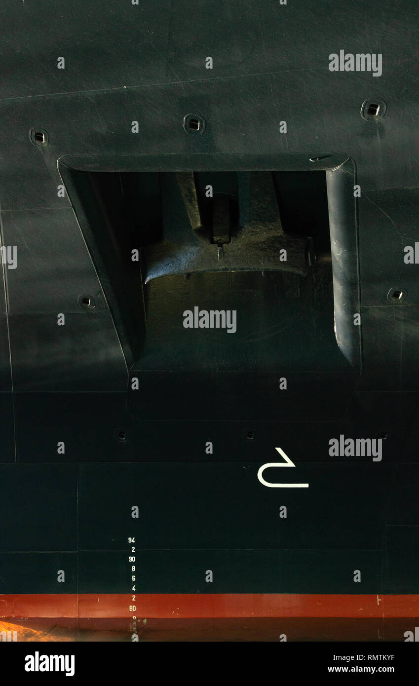 Detail of raised anchor, Hawse Pipe, draft markings and red waterline ...