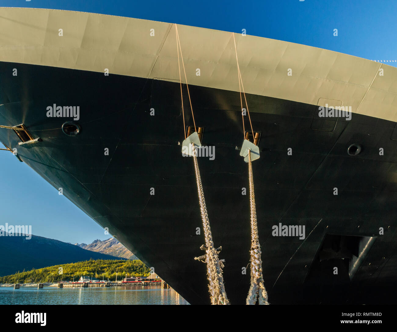 Mooring lines with rat guards from bow of cruise ship, berthed at ...