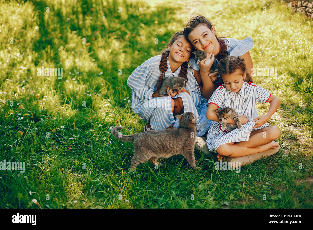 three beautiful girls with cats Stock Photo - Alamy