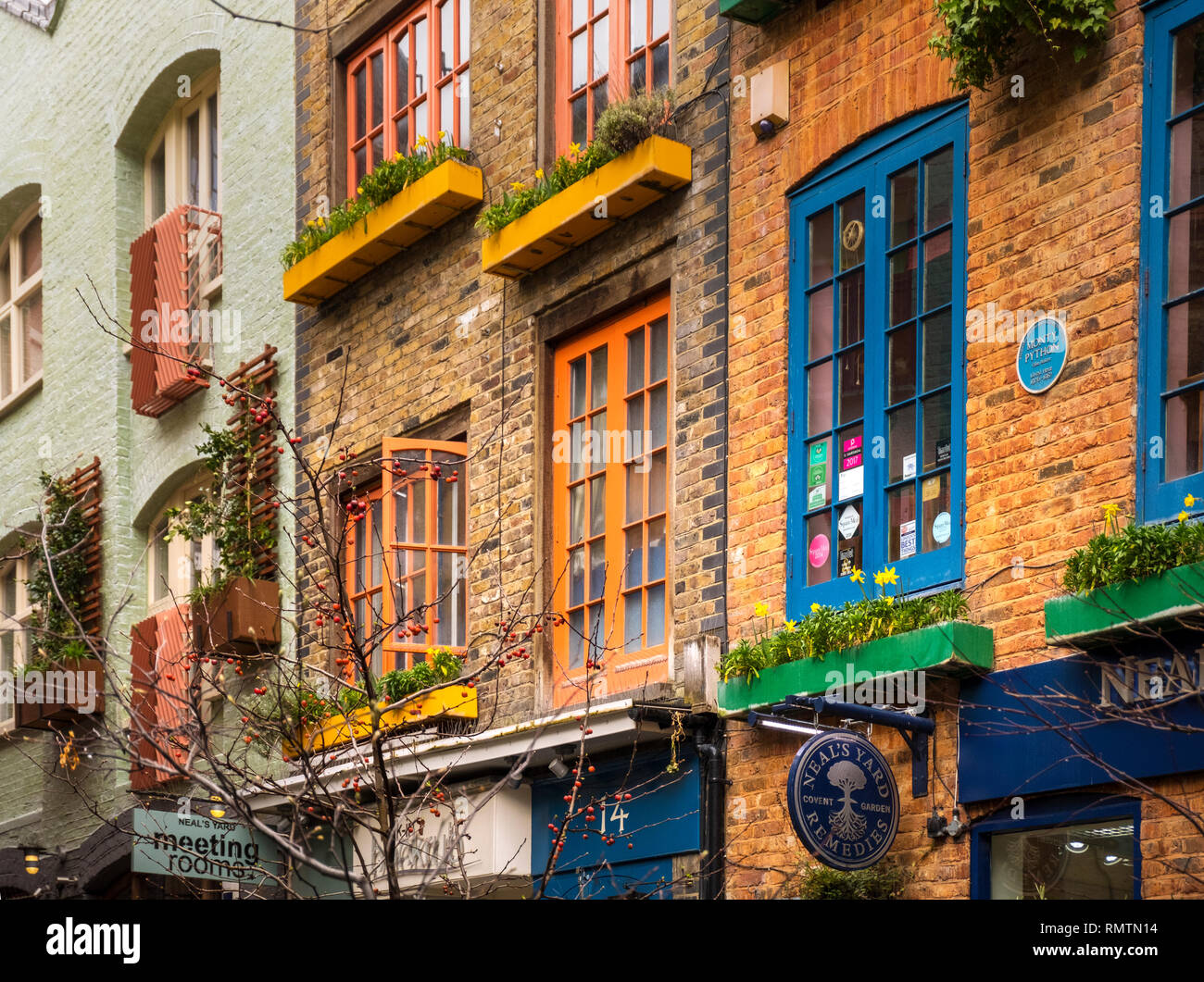 London, UK - March 12 2018: Colorful windows and walls at Neals Yard, a ...