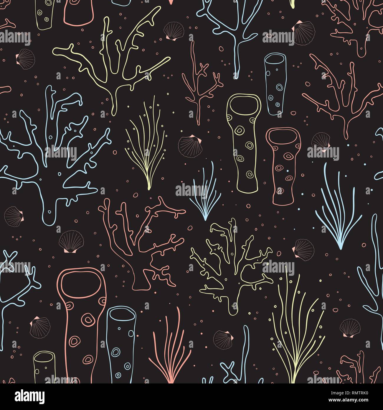 Coral reef seamless vector background black. Underwater pattern with ...