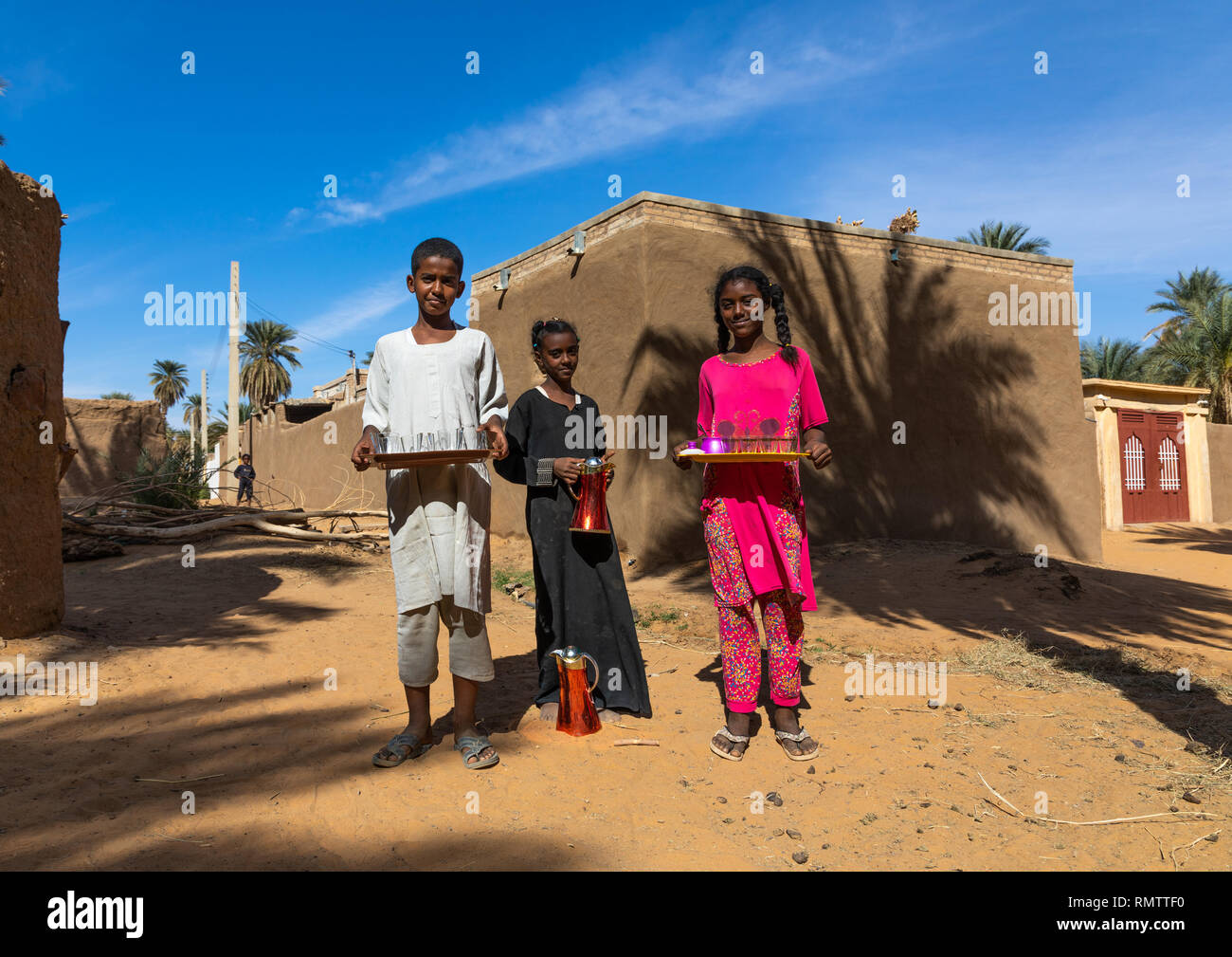 Sudanese children offering tea to visitors in a village, Northern State ...