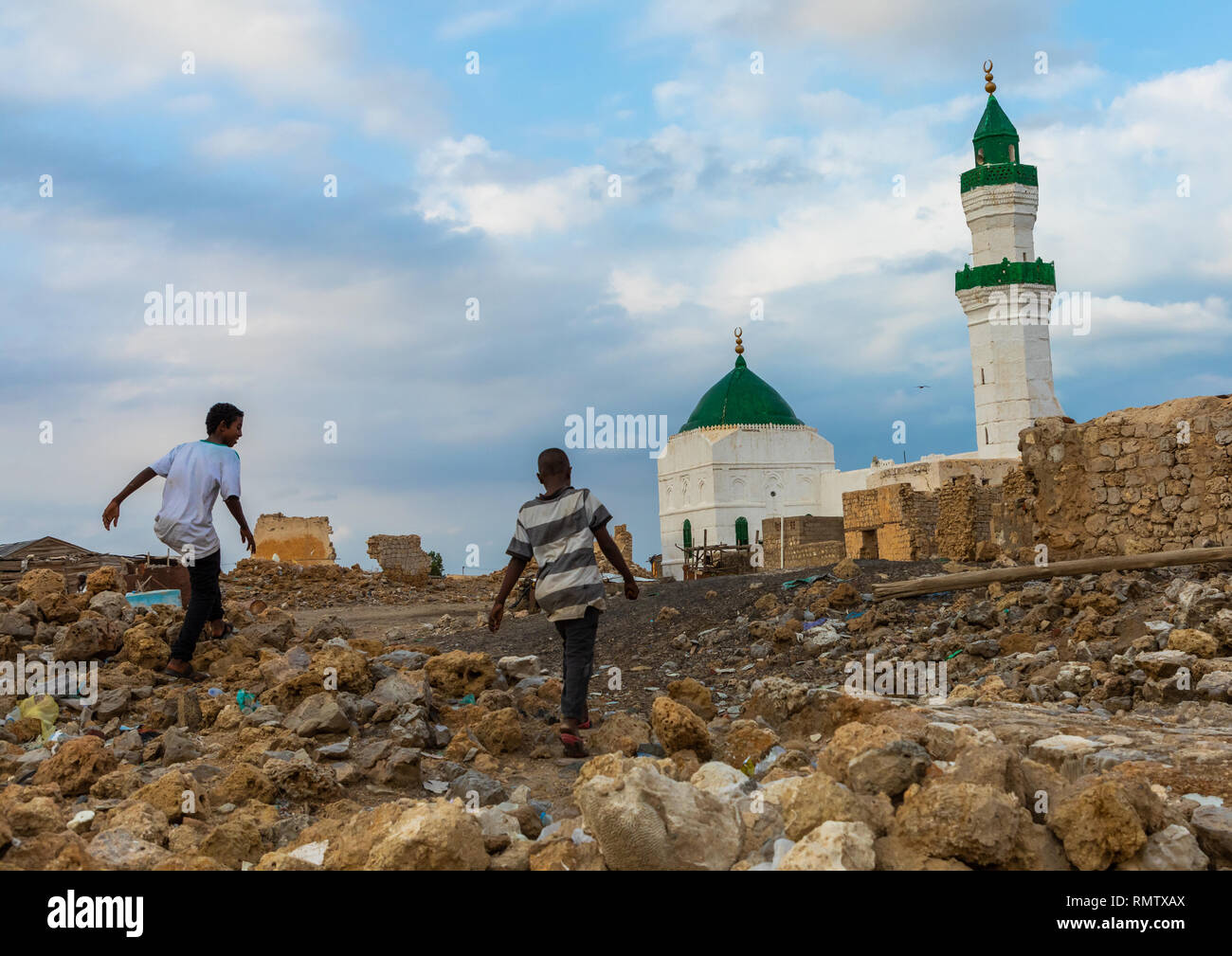 Sudanese children in front of el-Geyf mosque, Red Sea State, Suakin ...