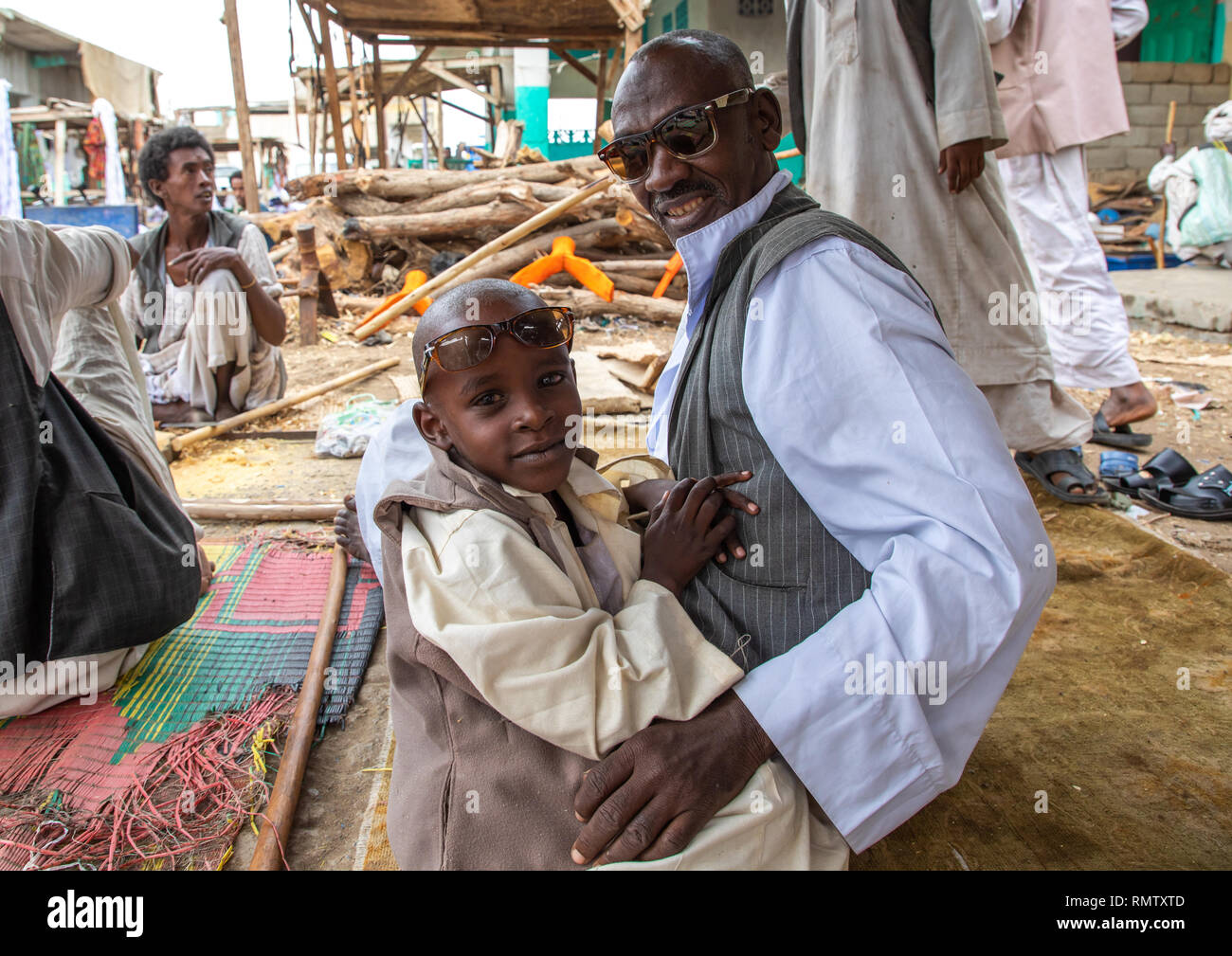 Portrait of Beja tribe father and son, Red Sea State, Port Sudan, Sudan ...