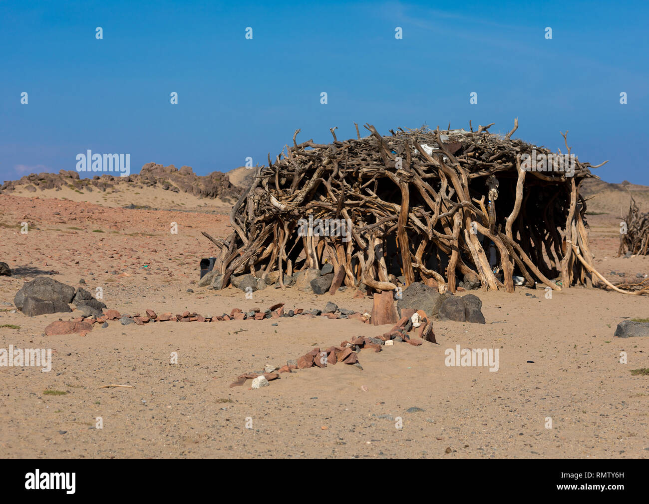 Wooden Beja house in an arid landscape, Red Sea State, Port Sudan ...
