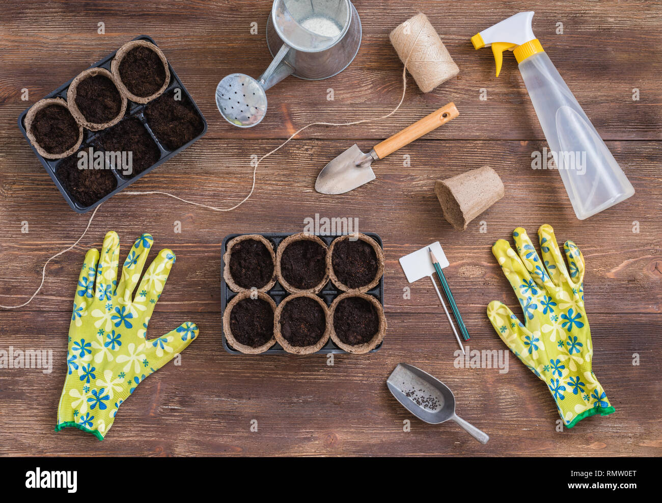 Stages of planting seeds, preparation, gardeners tools and utensils ...