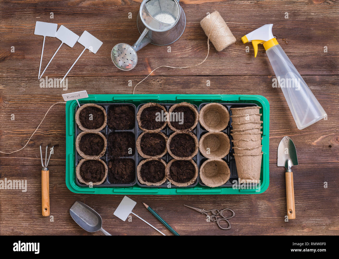 Stages of planting seeds, preparation, gardeners tools and utensils ...