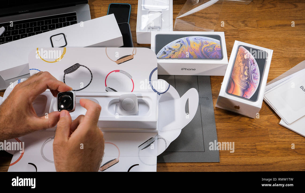 PARIS, FRANCE - SEPTEMBER 21, 2018: Apple fan boy unboxing latest new ...