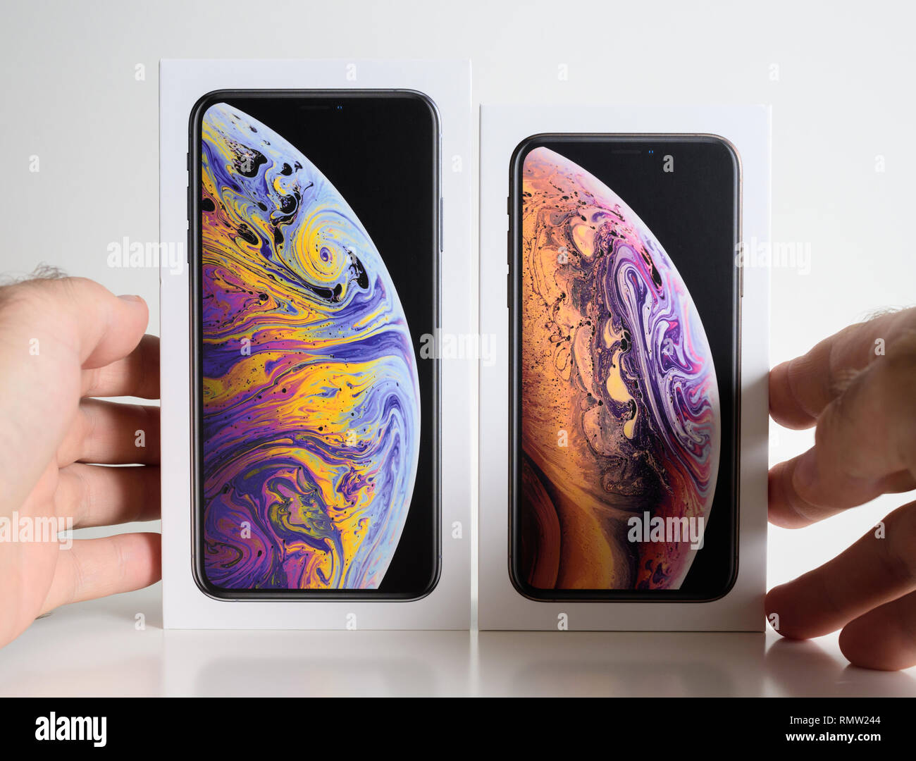 PARIS, FRANCE - SEP 25, 2018: New iPhone Xs and Xs Max cardboard box ...