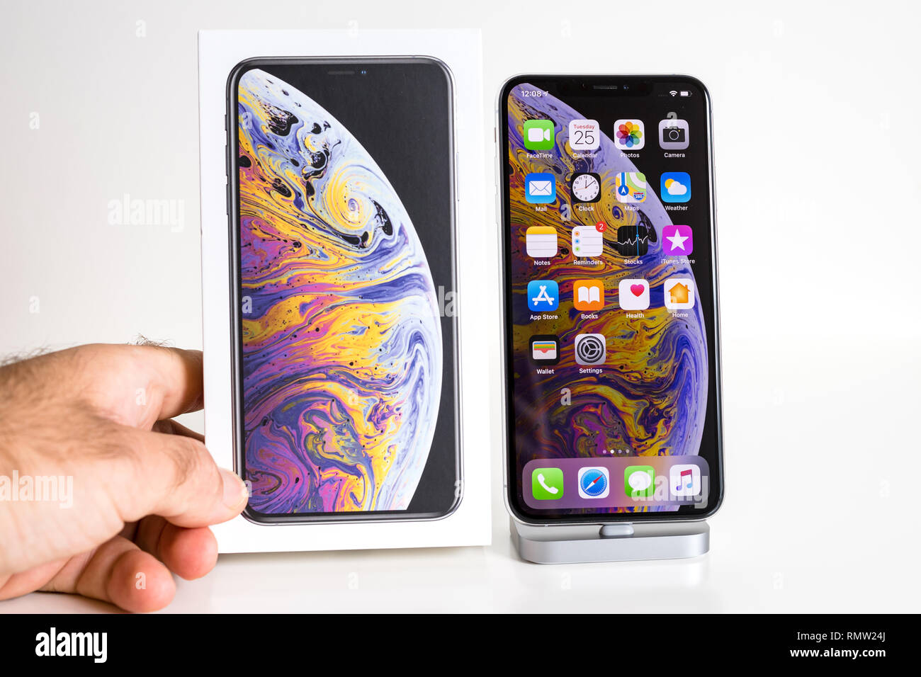 PARIS, FRANCE - SEP 25, 2018: New iPhone Xs and Xs Max cardboard box ...