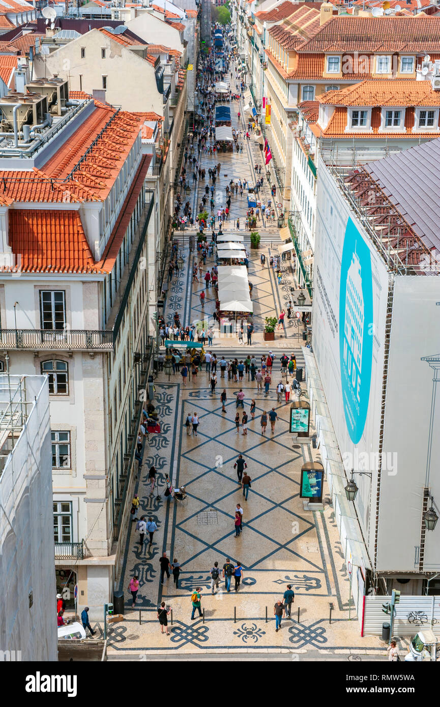 Rua Augusta, a walking street in central Lisbon, as seen from the top ...