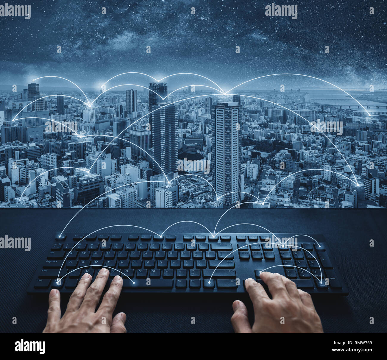 Internet networking and connection, Hand typing digital keyboard and cityscape Stock Photo - Alamy
