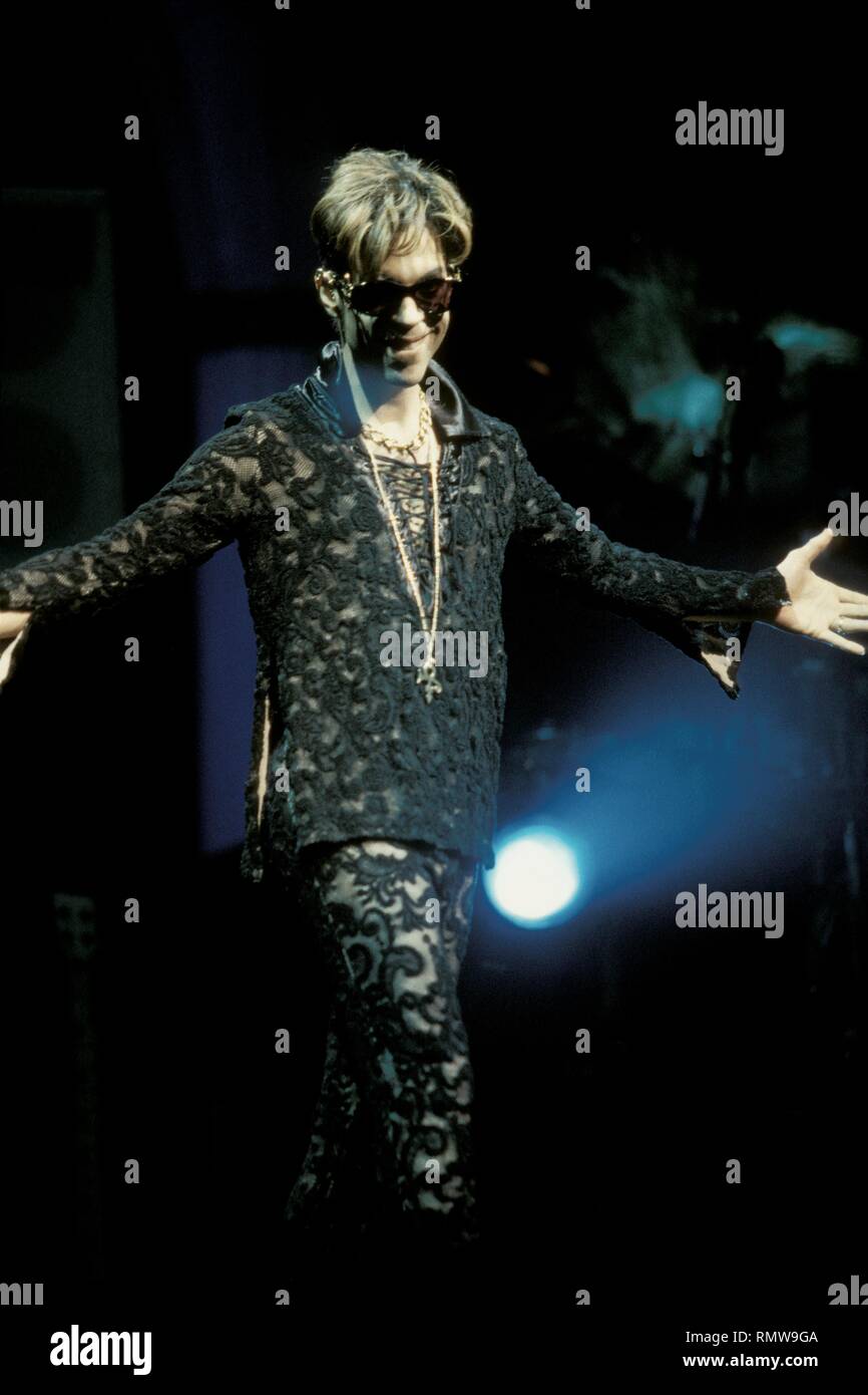 Prince is shown performing on stage during a concert appearance Stock ...