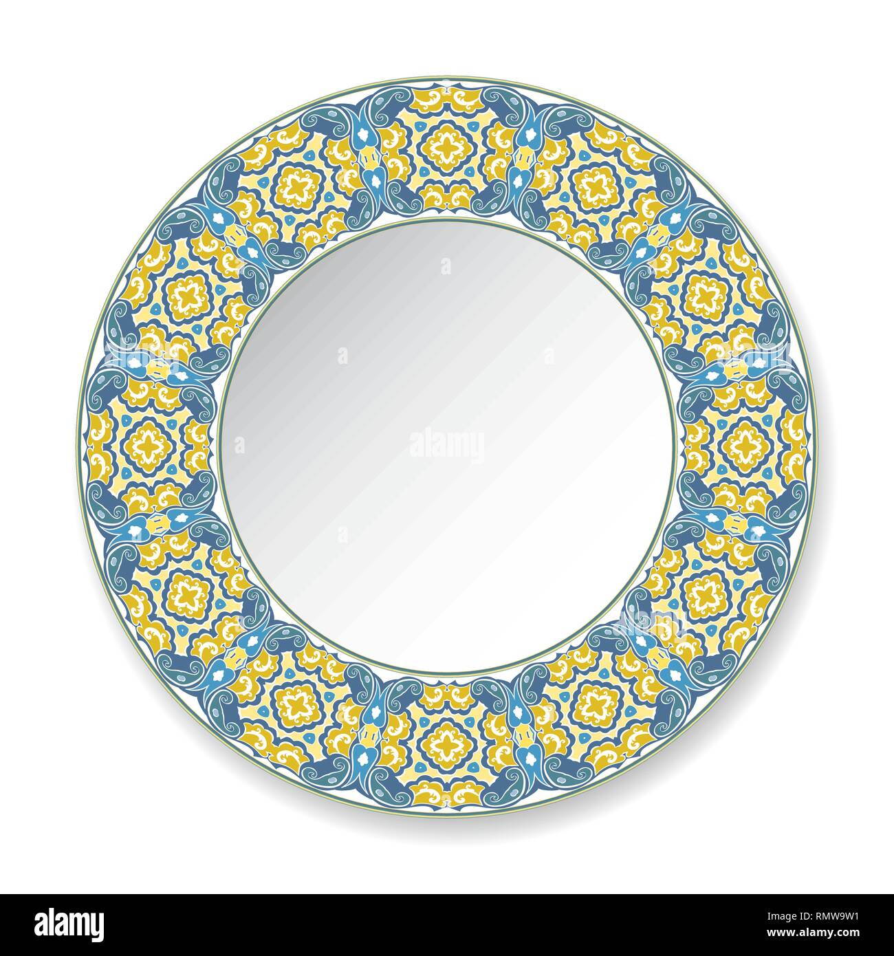 Decorative plate with patterned border, on white background, top view ...