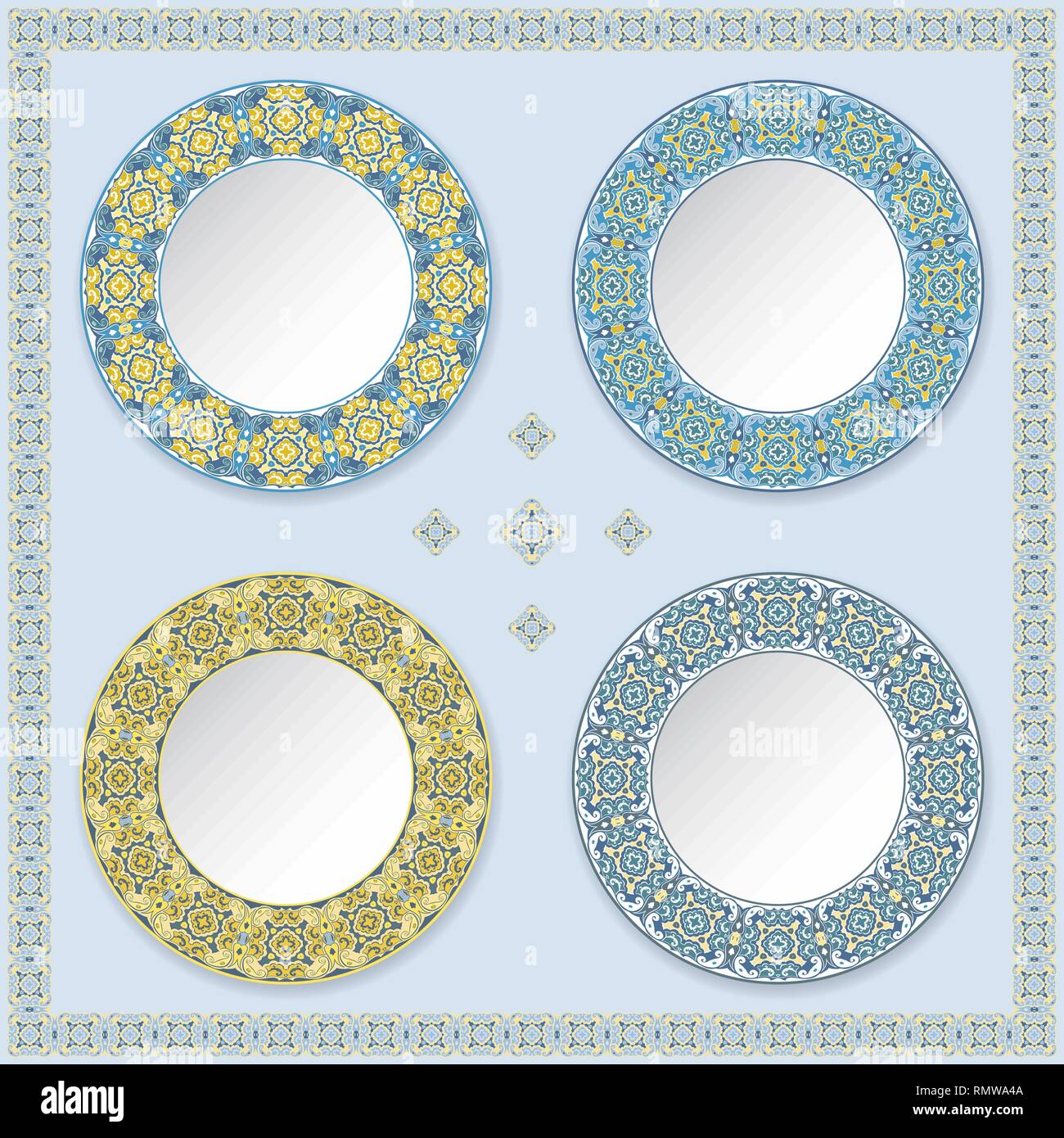 Set of four decorative plates with color pattern. Blue background with ...