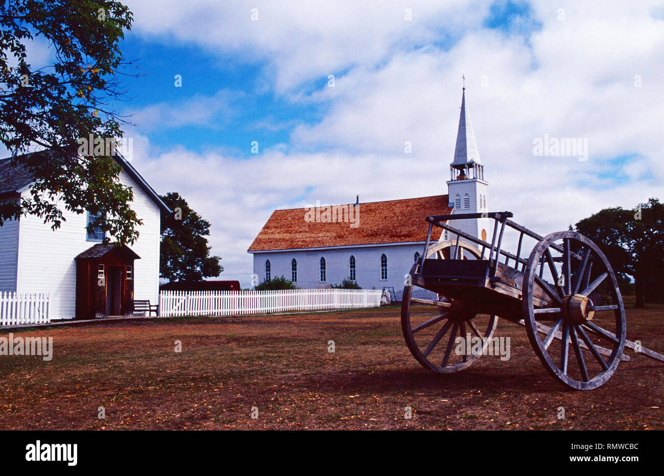 Settler's cart and church,Batoche National Historic Park,Saskatchewan ...