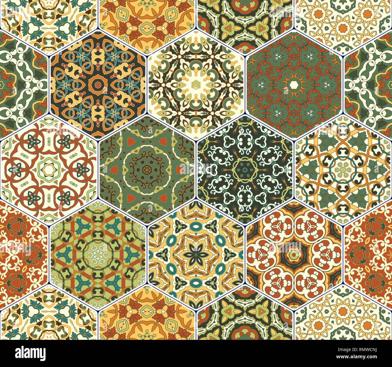 Bright seamless pattern tiles. Colorful vector set of hexagonal ...