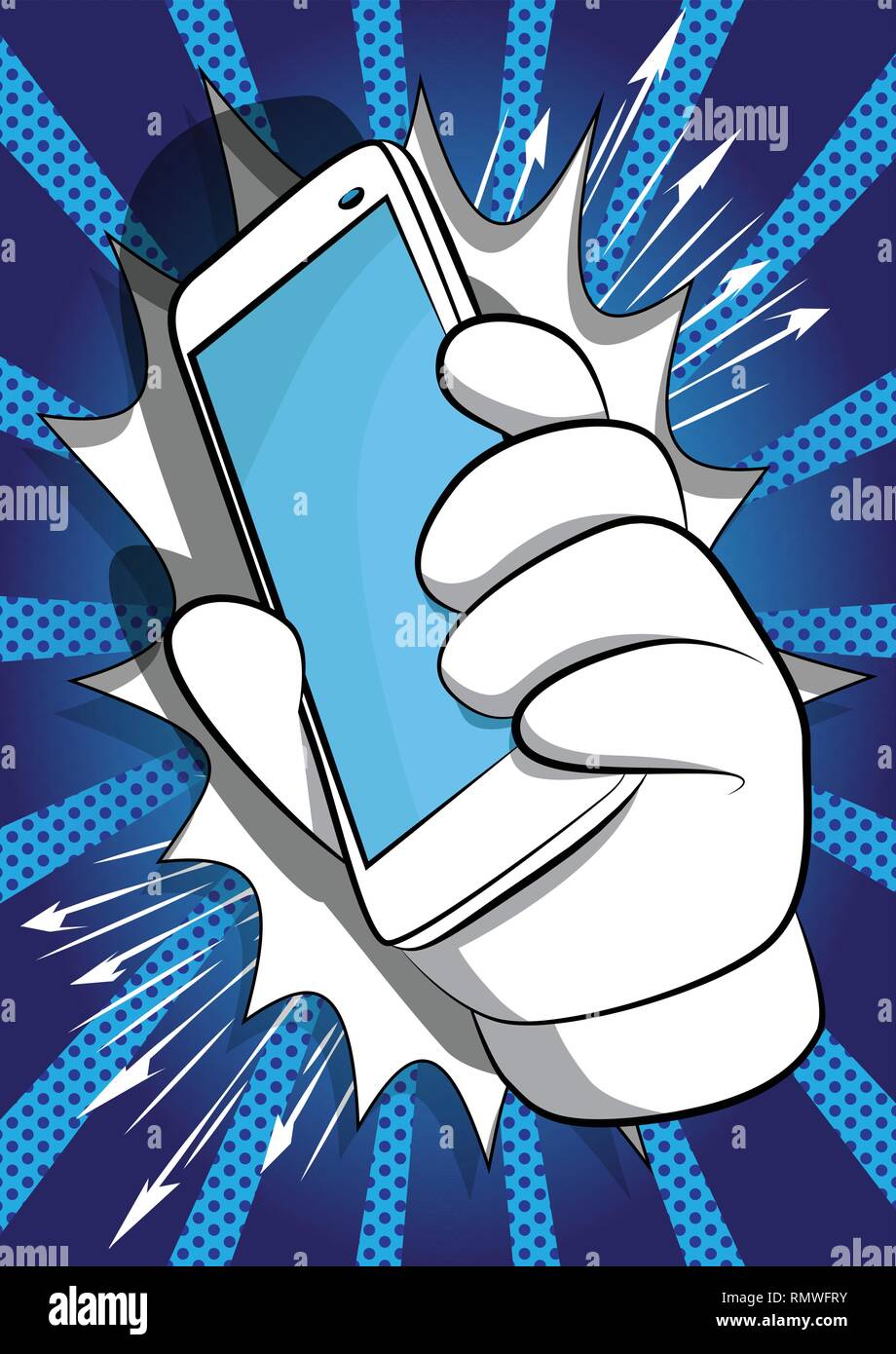 Vector cartoon hand holding a cell phone. Illustrated hand with smart ...