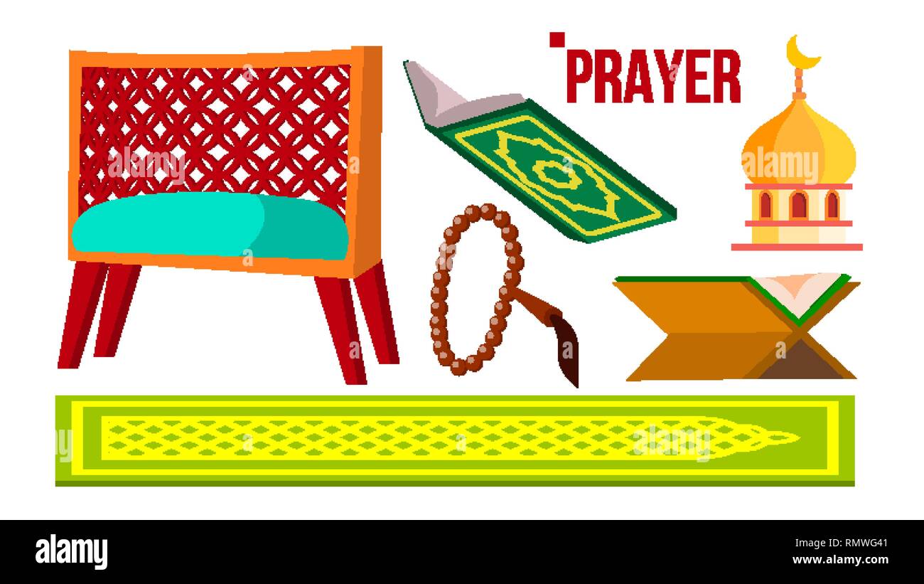 Prayer Muslim Items Vector. Koran, Rosary, Mosque. Isolated Flat ...