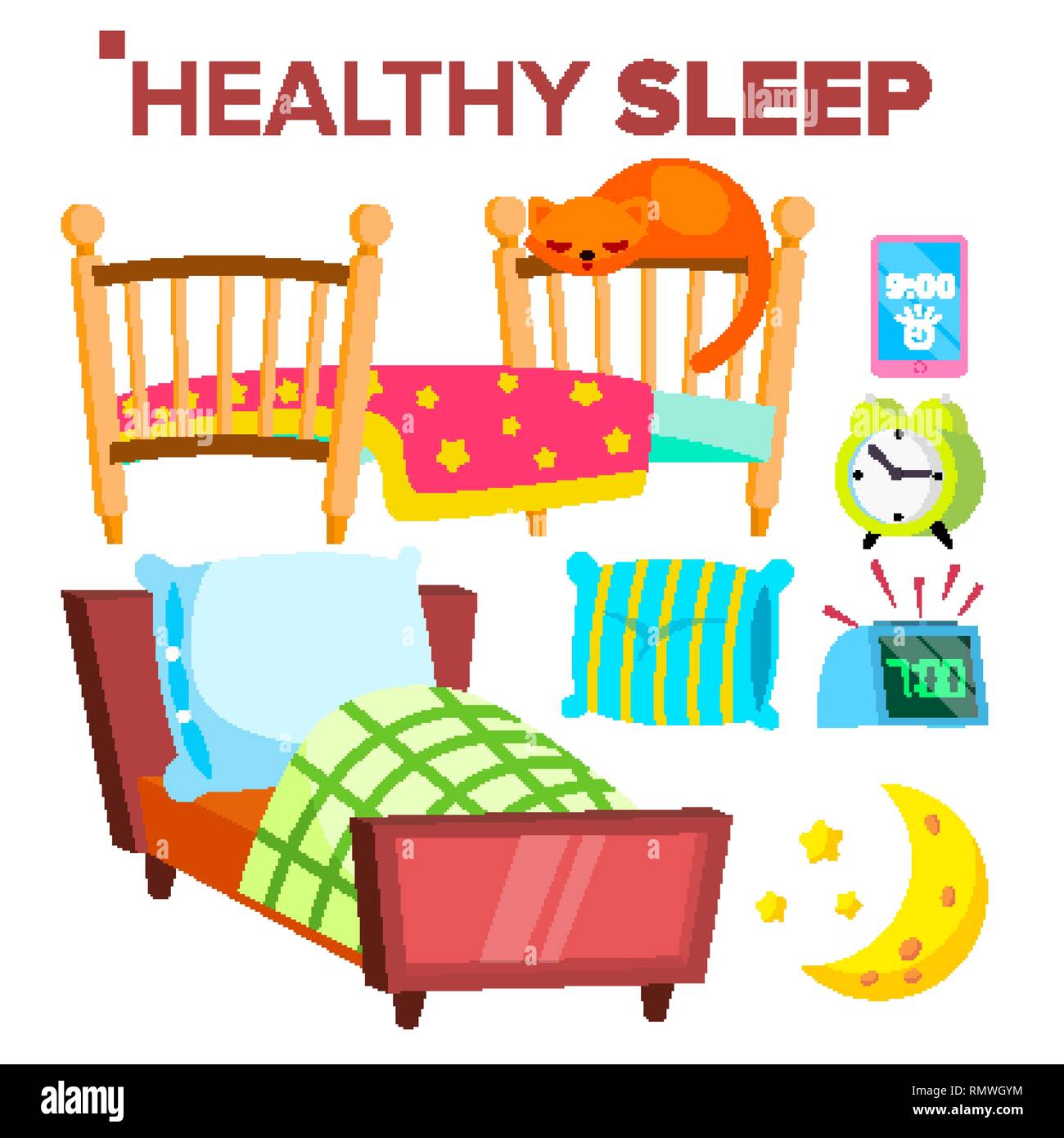 Healthy Sleep Vector. Pillow, Sofa, Alarm Clock, Moon. Isolated Flat ...