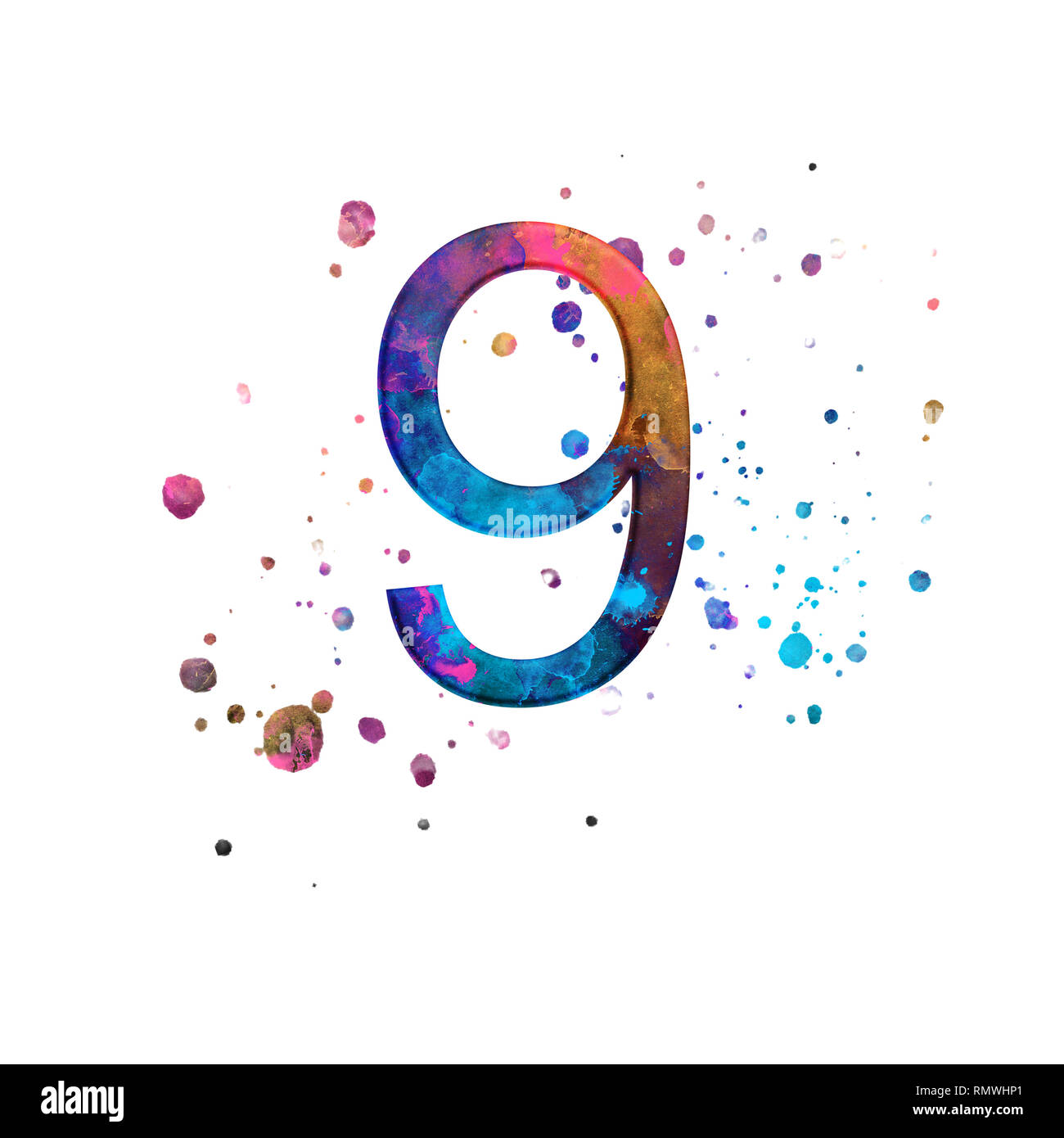 Number 9 illustration on isolated white background. Watercolor alphabet ...