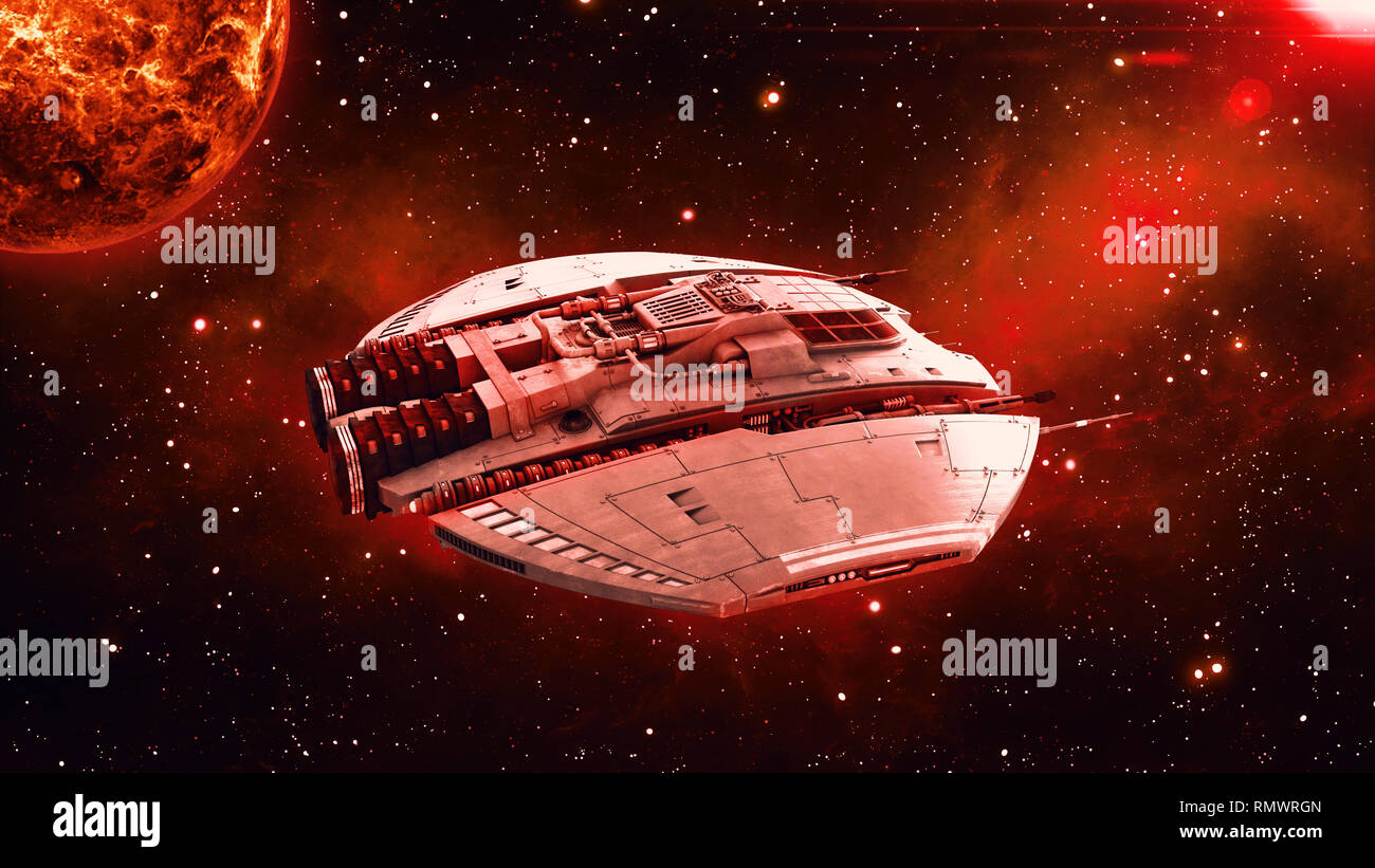 Alien spaceship in deep space, UFO spacecraft flying in the Universe with planet and stars in ...