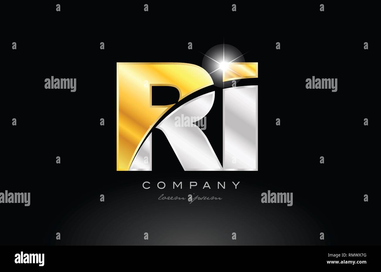 combination letter ri r i alphabet logo icon design with gold silver ...