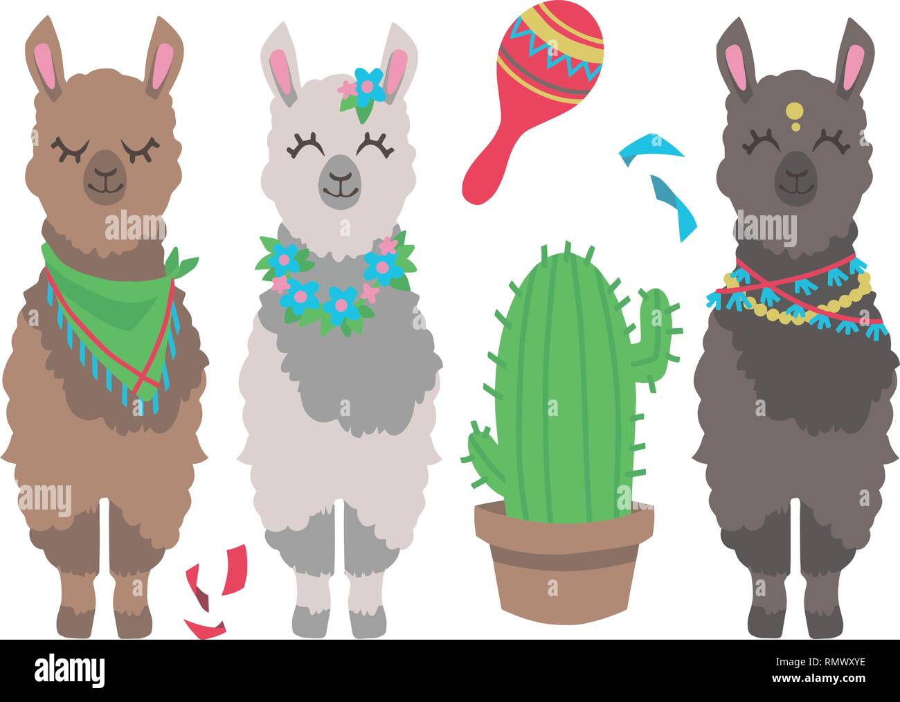 Cute colorful cartoon llama or alpaca with cactus and mexican rumba ...
