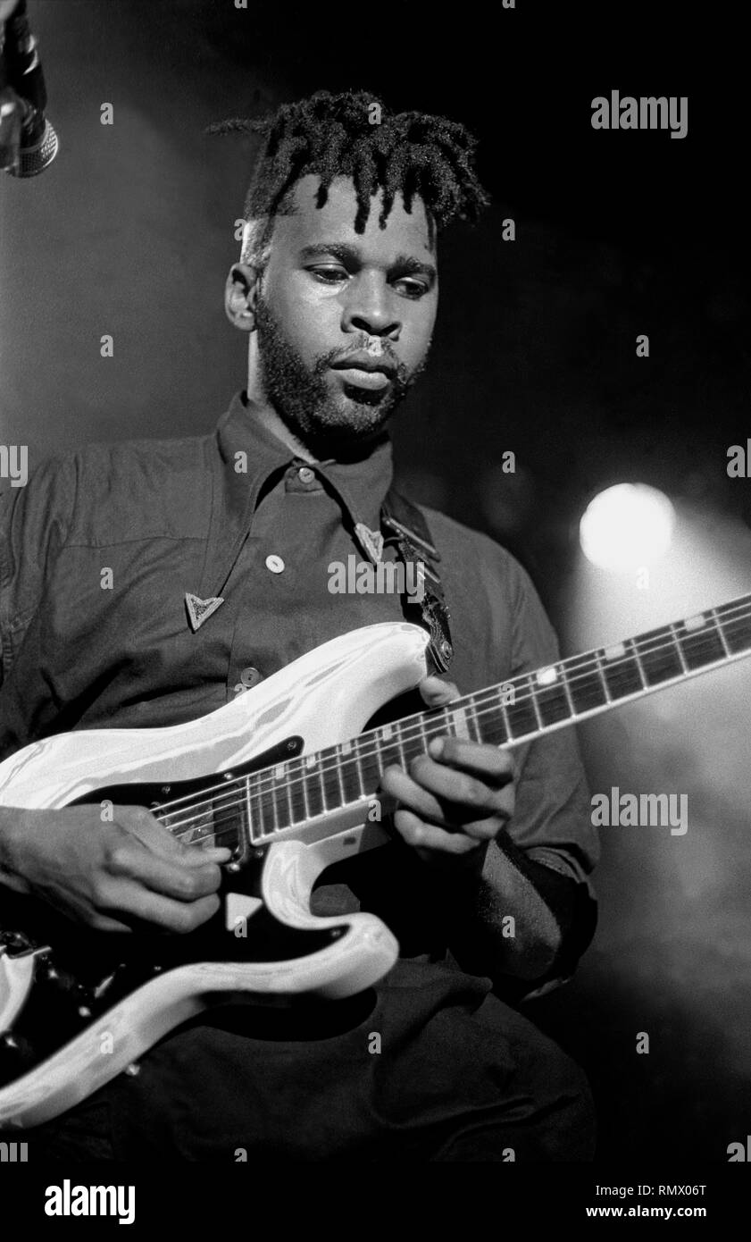Guitarist Vernon Reid is shown performing on stage during a "live ...