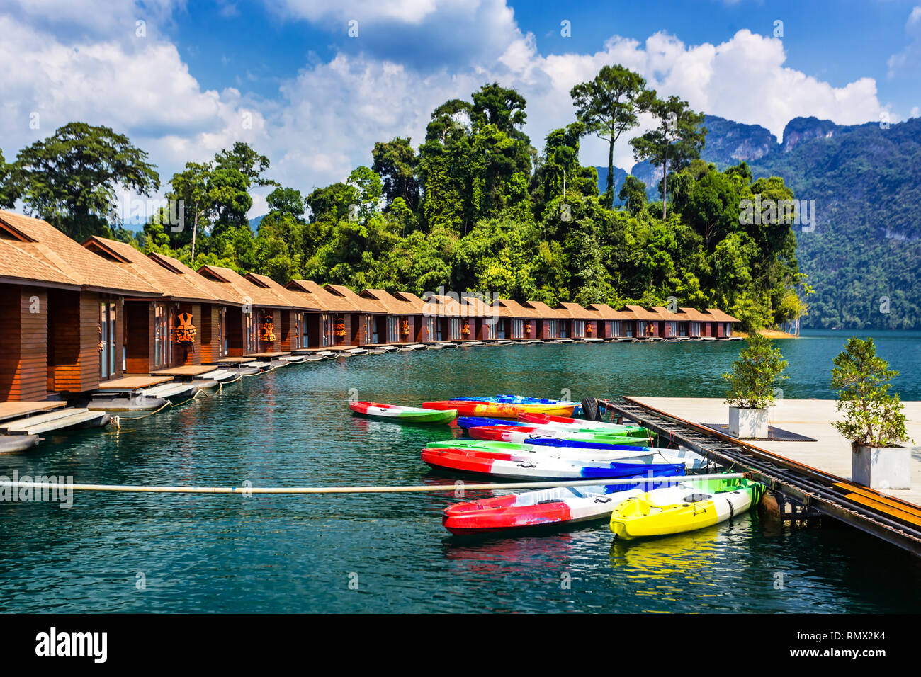 Floating Bungalows with kayaks at Khao Sok National Park, Cheow Lan ...