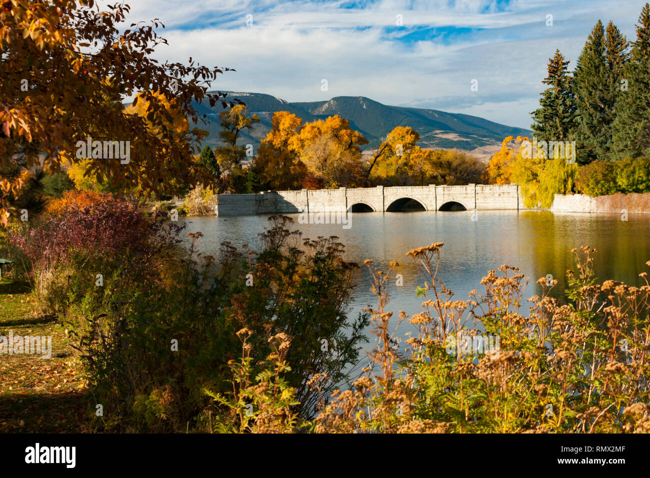 Arched bridge by pond Stock Photo - Alamy