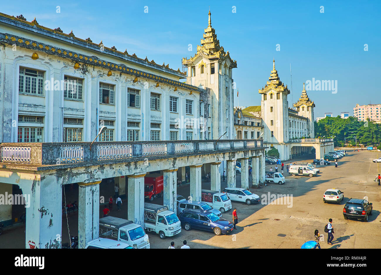 YANGON, MYANMAR - FEBRUARY 15, 2018: The facade of historic building of ...
