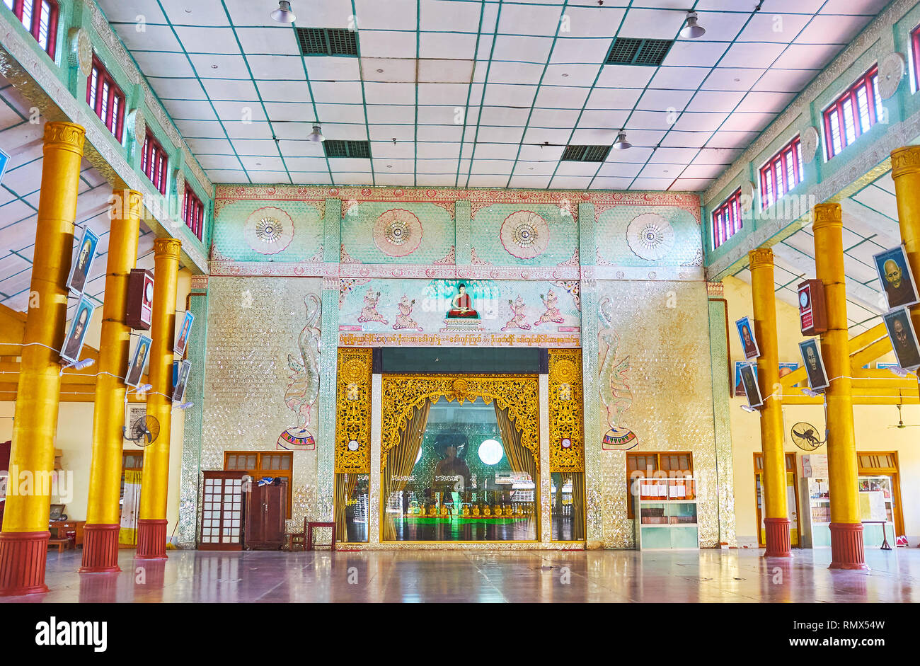 BAGO, MYANMAR - FEBRUARY 15, 2018: Interior of large image house of Kha ...