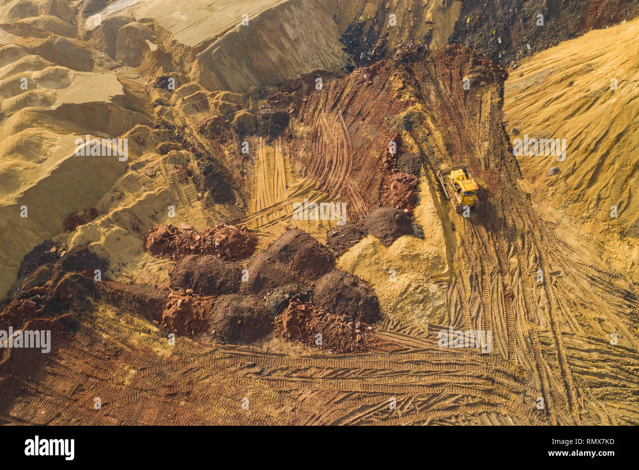 Aerial view of sandpit and factory plant producing sand materials for ...