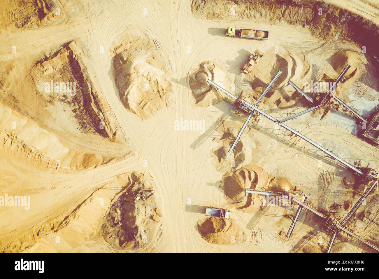 Aerial view of sandpit and factory plant producing sand materials for ...