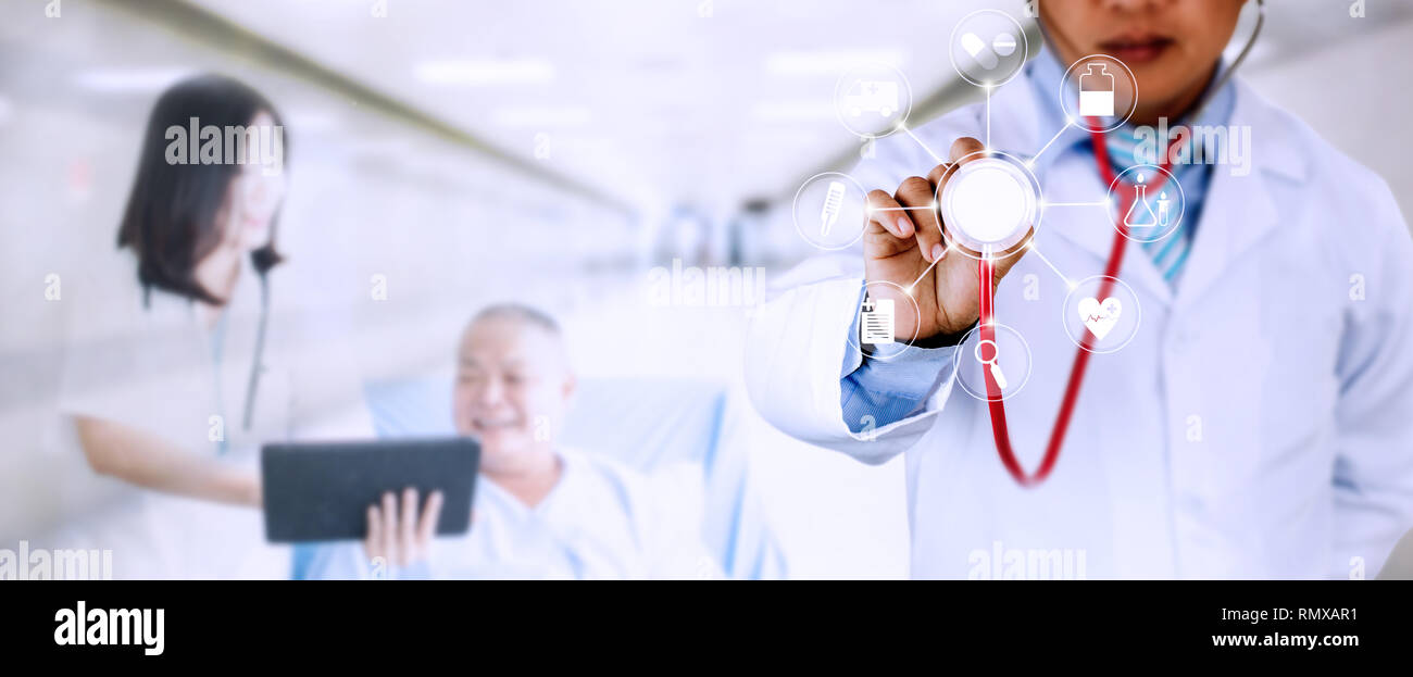 Horizontal banner of doctor holding stethoscope with medical icon with ...