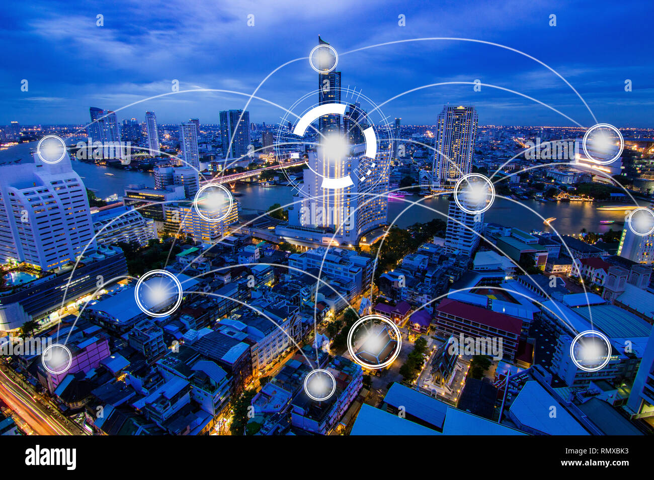 Network internet and Connection technology concept with night city ...