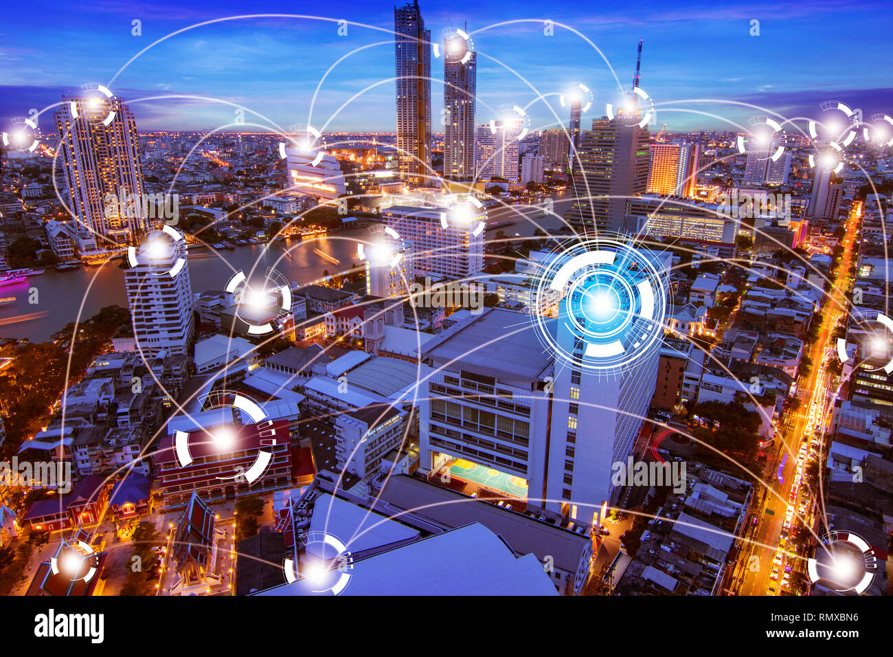 Network internet and Connection technology concept with night city ...