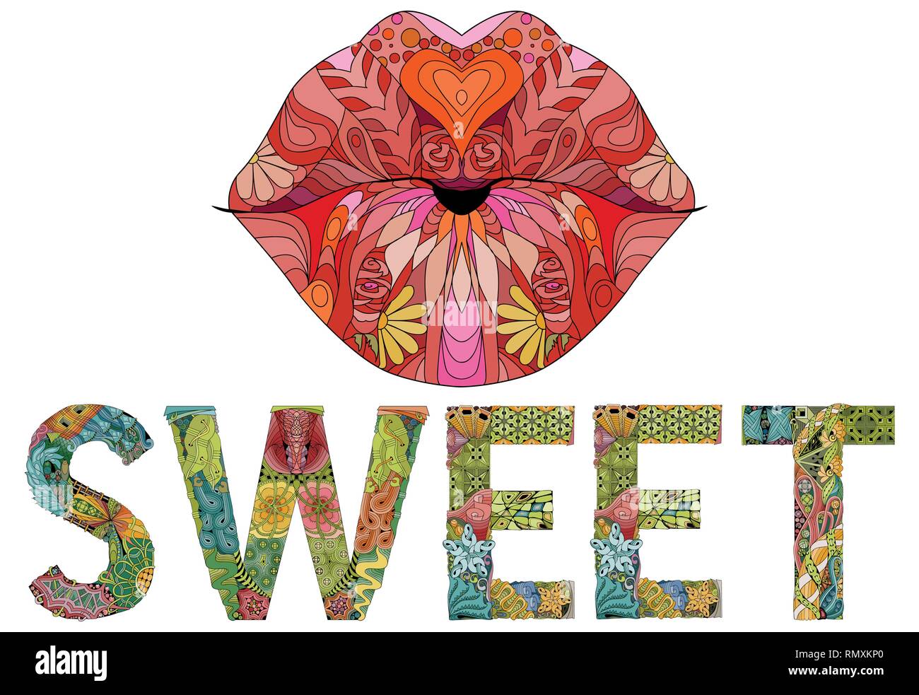 Word SWEET with silhouette of lips. Vector decorative zentangle object ...