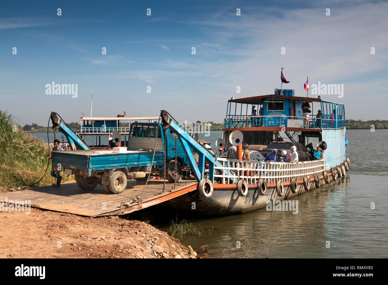 Cambodia, Phnom Penh, Prek Leap, Ferry Terminal, lorry boarding ferry ...