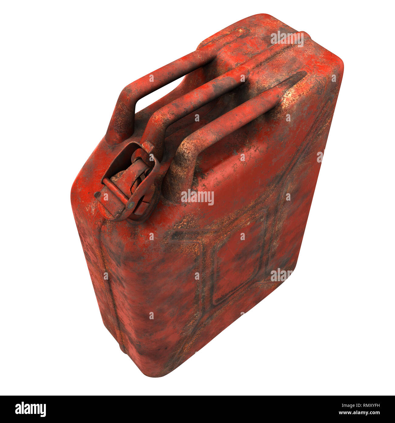 fuel canister red rusty on an isolated white background. 3d ...