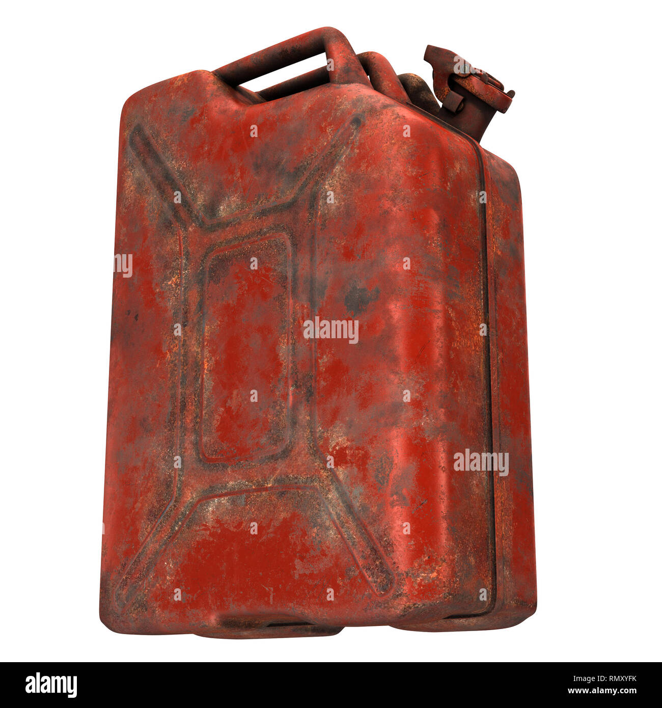 fuel canister red rusty on an isolated white background. 3d ...
