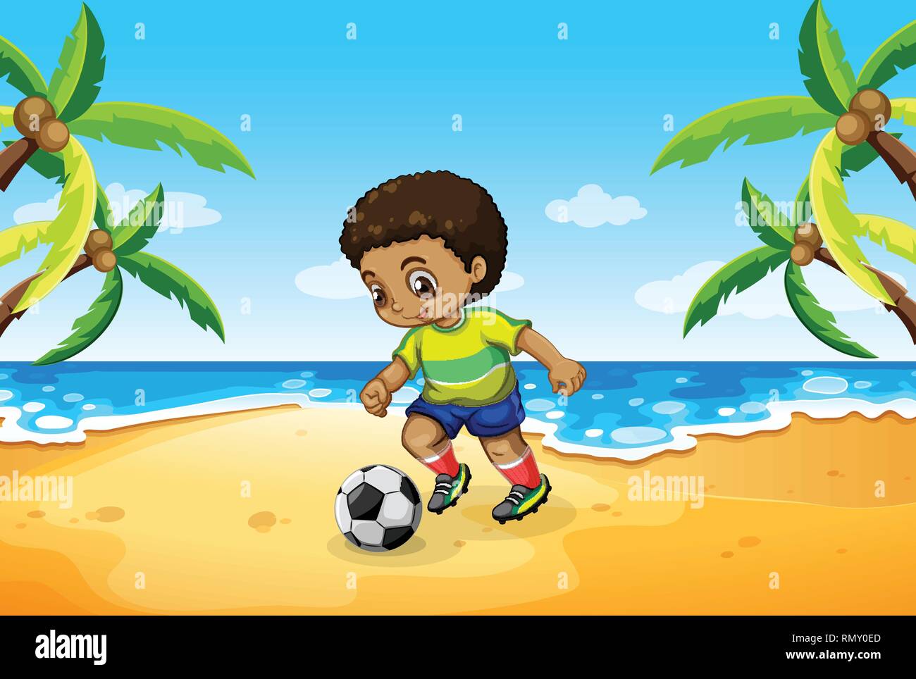 A boy playing football at the beach illustration Stock Vector Image ...