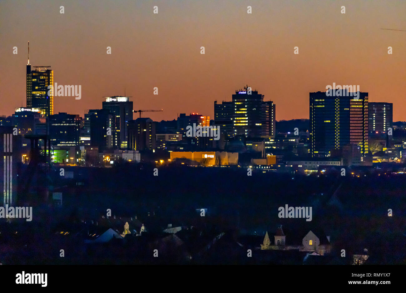 Skyline of Essen, Germany, f skyscrapers of the city center, with the ...