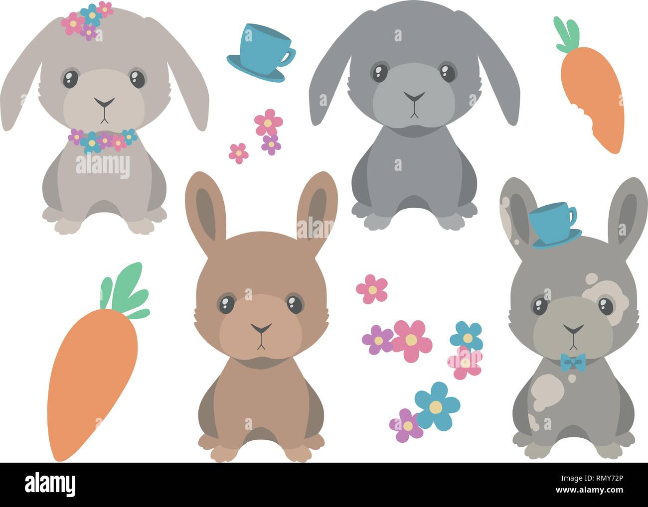 Collection of cute cartoon style brown and gray easter bunny with ...